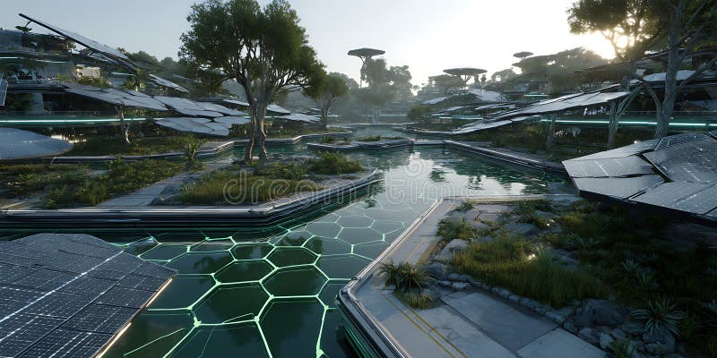 Futuristic Marina Architectural Design Boats and Lush Greenery Stock ...