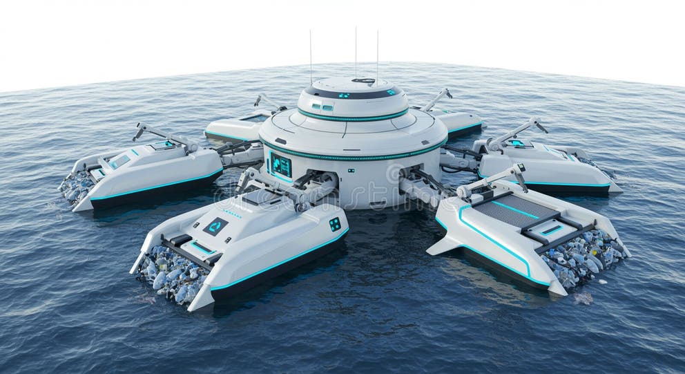 Futuristic Marine Structure Featuring a Central Circular Hub Surrounded ...