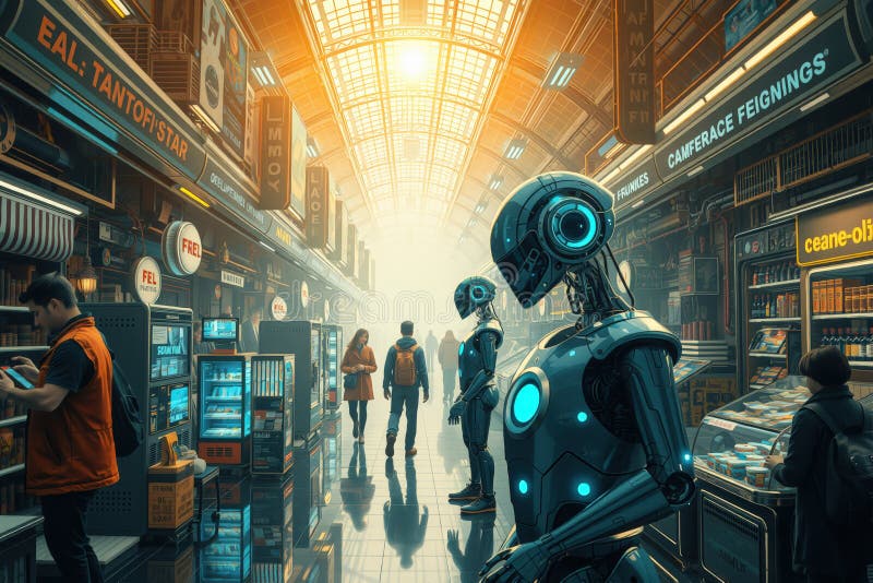 Futuristic Market Scene with Humanoid Robots and People Interacting ...