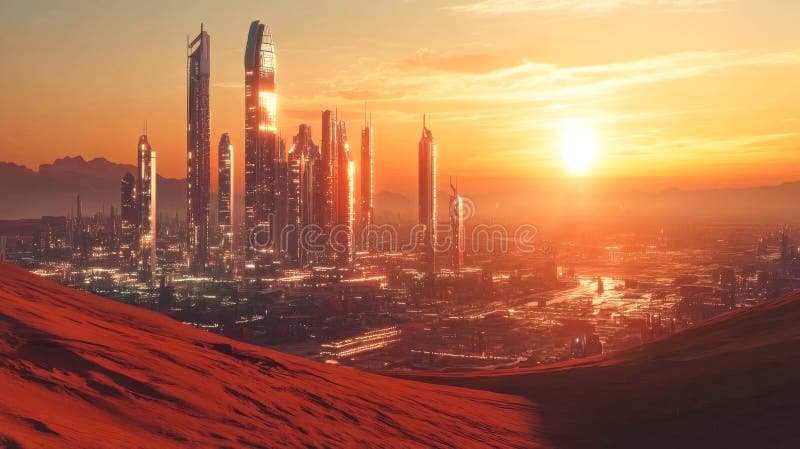 Futuristic Mars City Skyline Illuminated by Sunset with Advanced ...