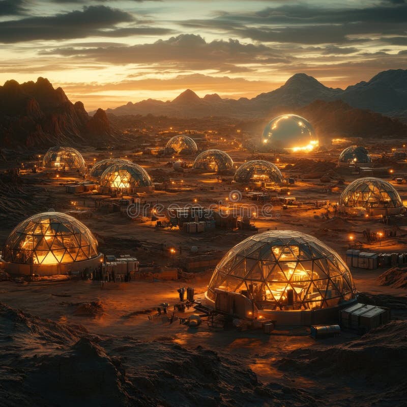 Futuristic Mars Colonies Under Dramatic Sunset Sky Stock Illustration ...