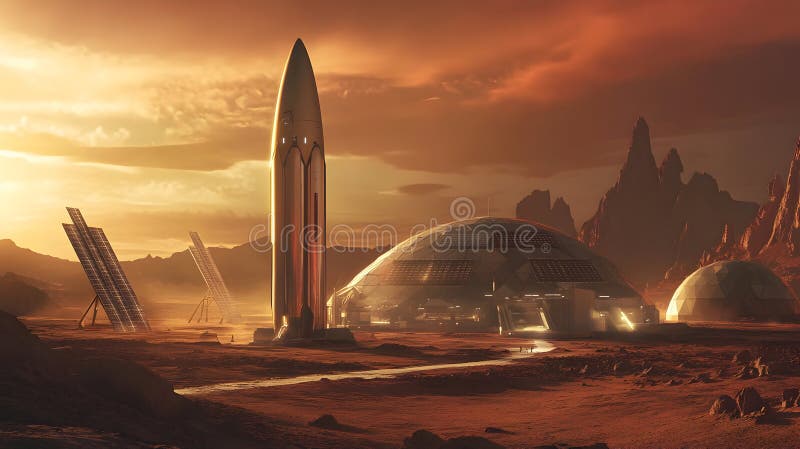 Futuristic Mars Colony with Dome Structures and Rocket at Sunset Stock Photo - Image of dome ...