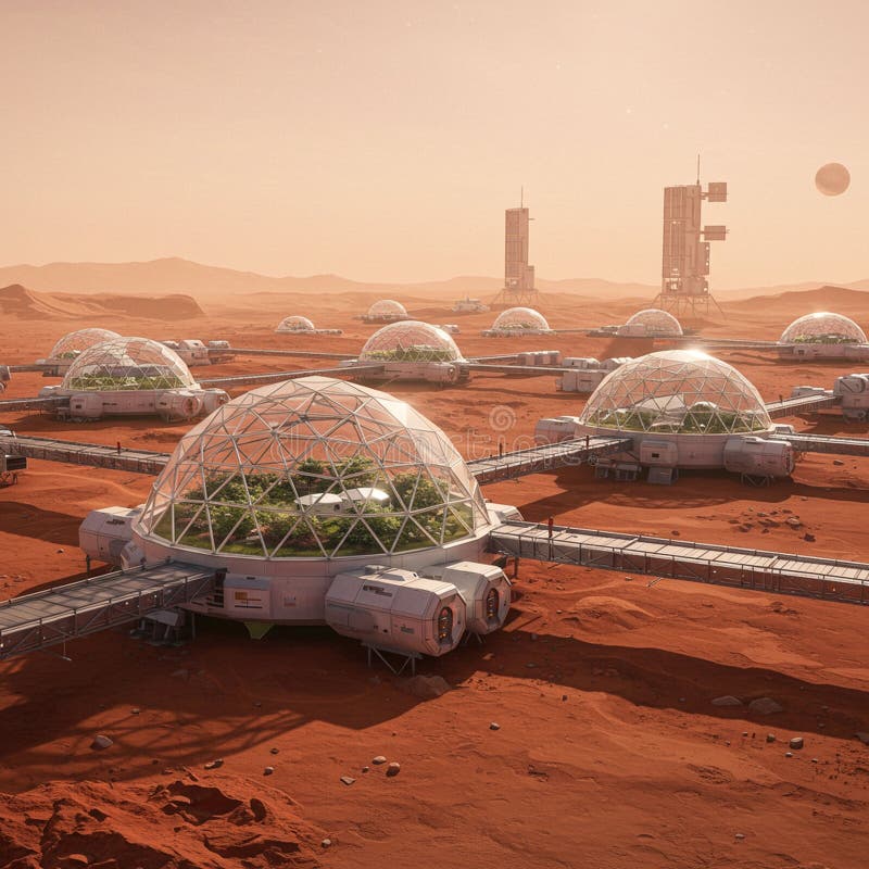 A Futuristic Mars Colony Features Multiple Geodesic Domes Housing Green ...
