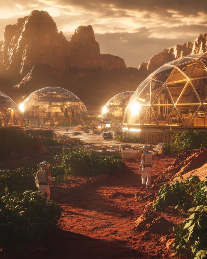 Futuristic Mars Colony with Greenhouses and Astronauts Exploring the ... Futuristic Mars Colony with Greenhouses and Astronauts Exploring the ...