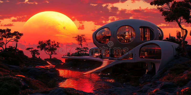 A Futuristic Mars Colony House Illuminated Beneath a Crimson Sky Stock ...