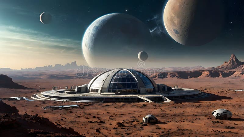 Futuristic Mars Colony with Planetary Backdrop Stock Illustration ...