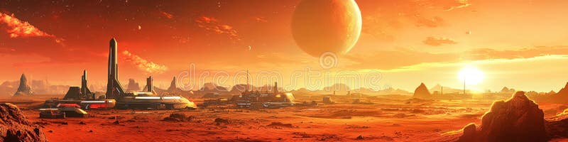 Futuristic Mars Colony Under a Vibrant Sunset with Expansive Landscape ...
