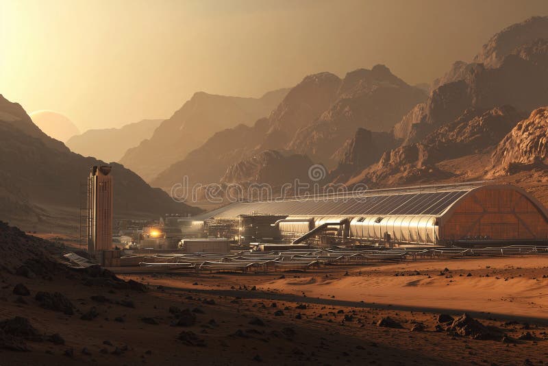 Futuristic Mars Habitat at Dusk Stock Illustration - Illustration of ...