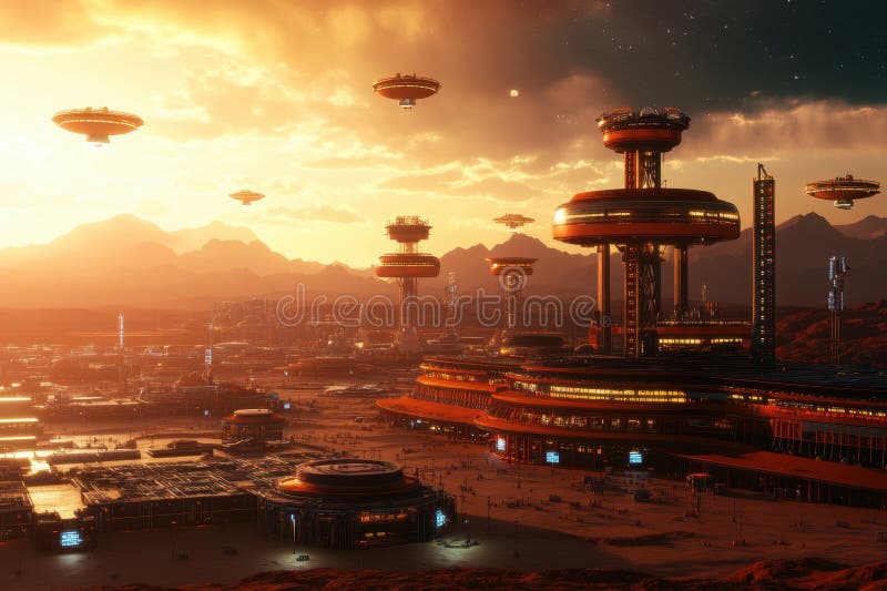 Futuristic Martian Cityscape: Hovering Structures at Sunset on Mars ...