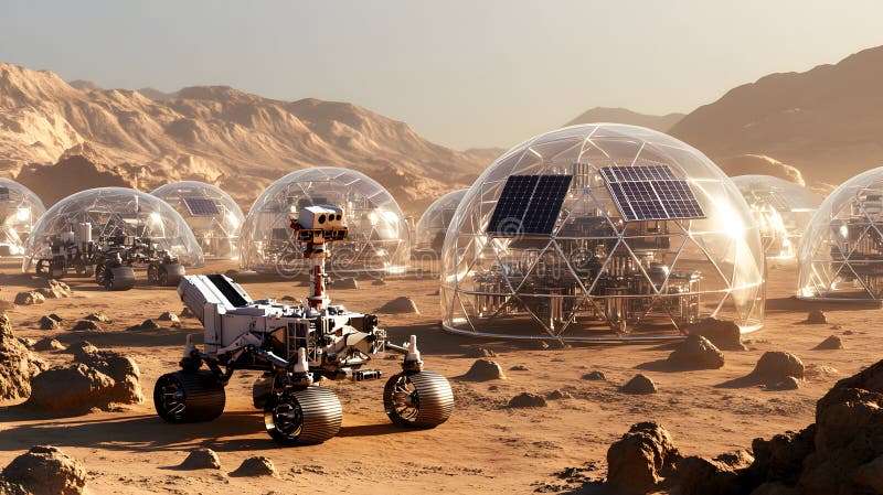 Futuristic Martian Colony with Domes, Solar Panels, and Rover Exploring ...