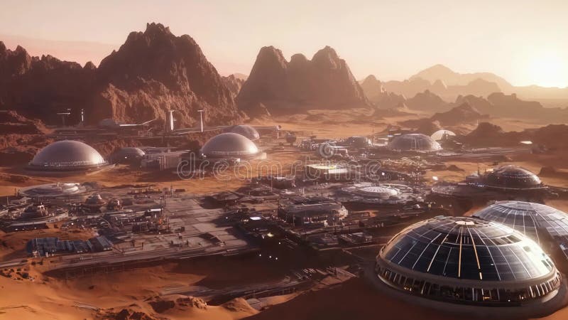 Futuristic Martian Colony Landscape with Domes and Mountains Stock ...