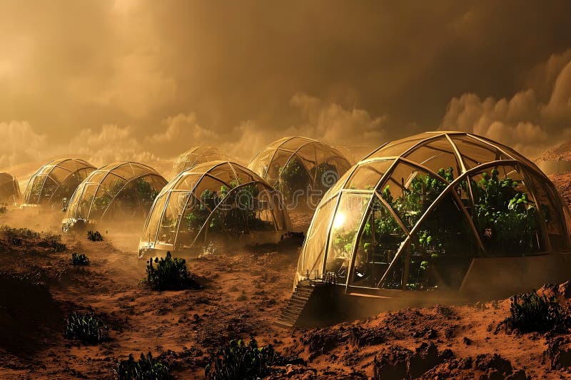 Futuristic Martian Domes with Lush Greenery Under Orange Sky Stock ...