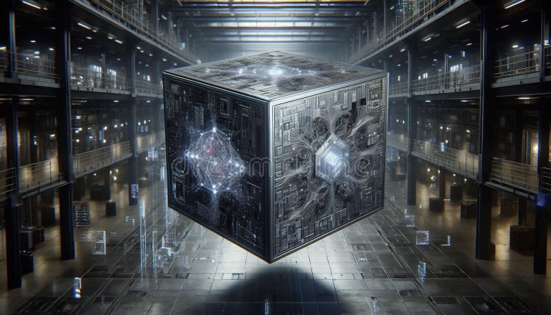 A Futuristic Vision of Artificial Intelligence, a Massive Metallic Cube Suspended in an Ethereal ...
