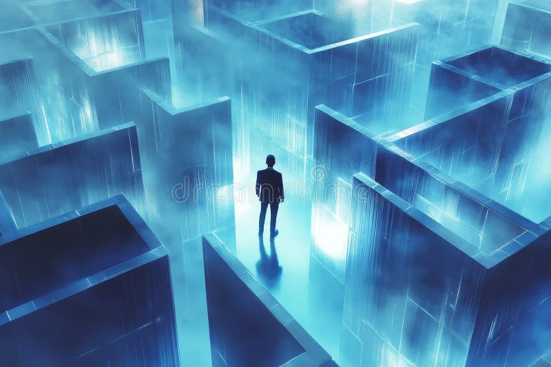 Futuristic Maze with Reflective Paths a Contemplative Figure Faces ...
