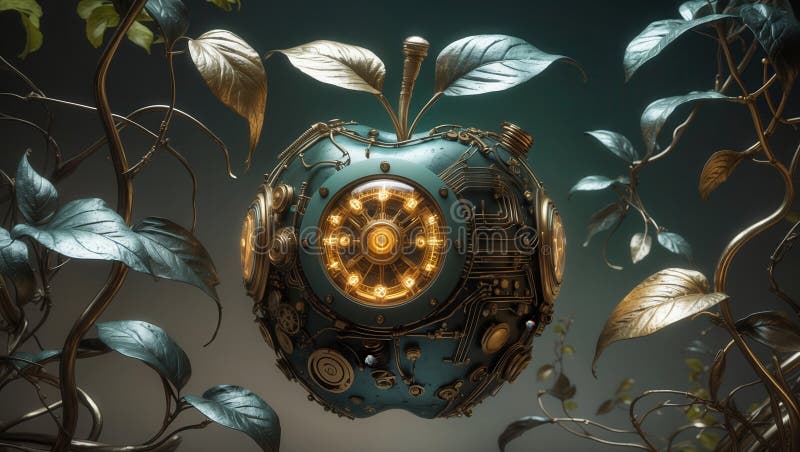 Futuristic Mechanical Apple with Glowing Core Surrounded by Metallic ...