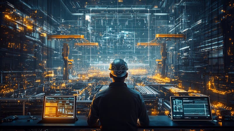 Futuristic Mechanical Engineer Overseeing Sprawling Techno Industrial ...