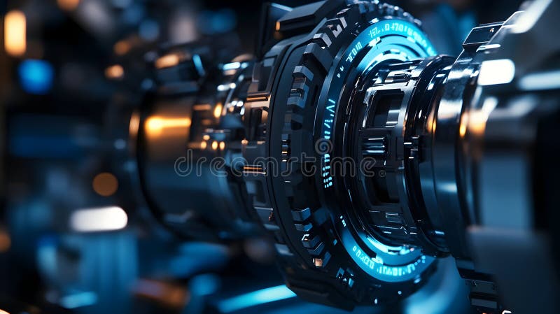 Futuristic Mechanical Gear with Blue Neon Lights in Industrial Setting ...