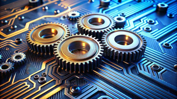 Futuristic Mechanical Integration Interlocking Gears and Circuit Boards ...
