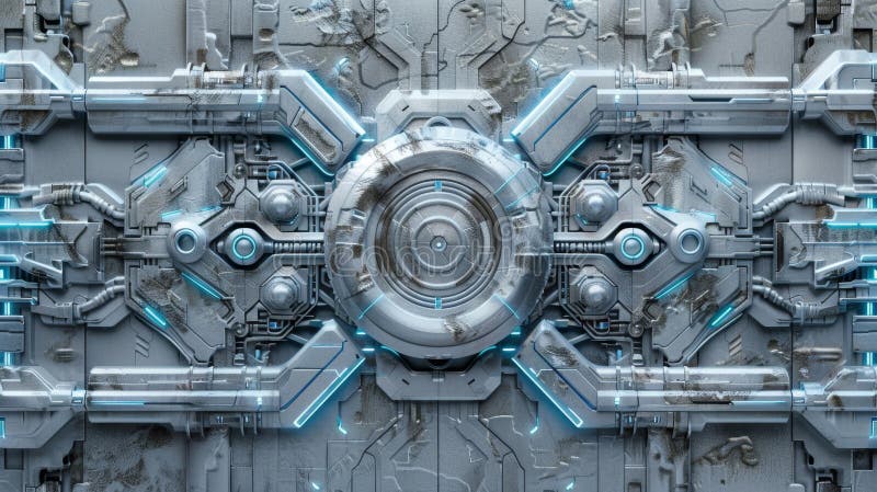 Futuristic Mechanical Panel with Intricate Details and Blue Neon Lights ...