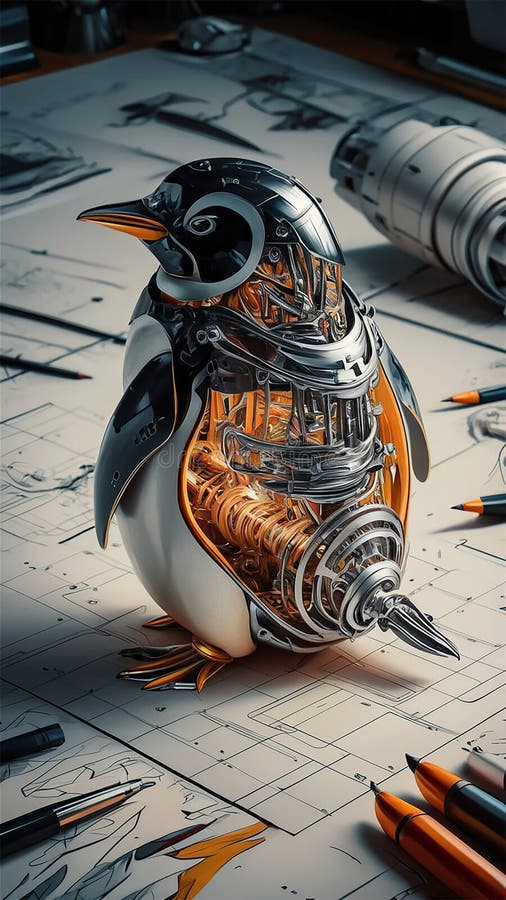 A Futuristic, Mechanical Penguin Crafted from Metallic Parts and Cogs ...