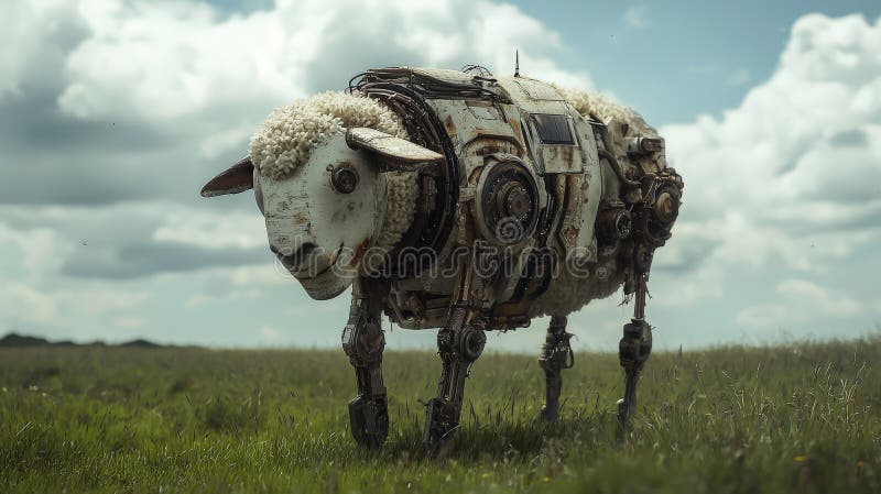 A Futuristic Mechanical Sheep Standing on a Lush Grass Field, Merging ...