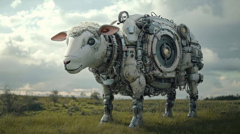 A Futuristic Mechanical Sheep Standing on a Lush Grass Field, Merging ...