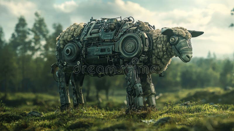 A Futuristic Mechanical Sheep Standing on a Lush Grass Field, Merging ...