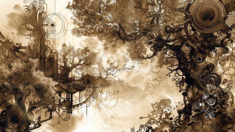Futuristic Mechanical Tree Art Composition Stock Illustration ...