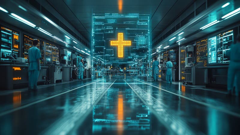 Futuristic Medical Facility with Advanced Technology and Glowing Cross ...