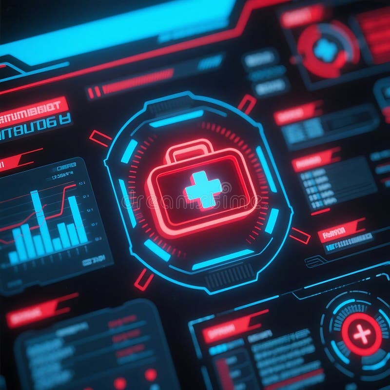 Futuristic Medical Interface Displaying Health Data with a First Aid Kit Icon Stock Illustration ...