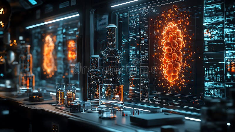 Futuristic Medical Research Lab Showcasing Advanced AI Technology, Featuring Glowing Molecular ...