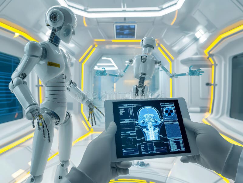 Futuristic Medical Robots Analyzing Brain Scan Stock Image - Image of ...