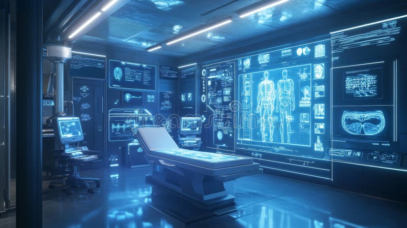 Futuristic Medical Room Featuring Interactive 3D Holographic Displays ...