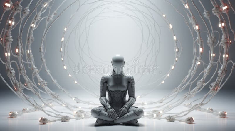 Futuristic Meditation with Humanoid Robot in a High-Tech Environment ...