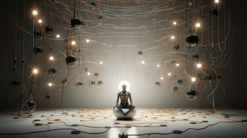 Futuristic Meditation with Humanoid Robot in a High-Tech Environment ...