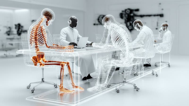 Futuristic Meeting with Human Skeletal Overlays at Table Stock ...