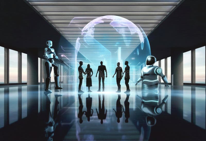 Futuristic Meeting of Humans and Robots Stock Image - Image of ...
