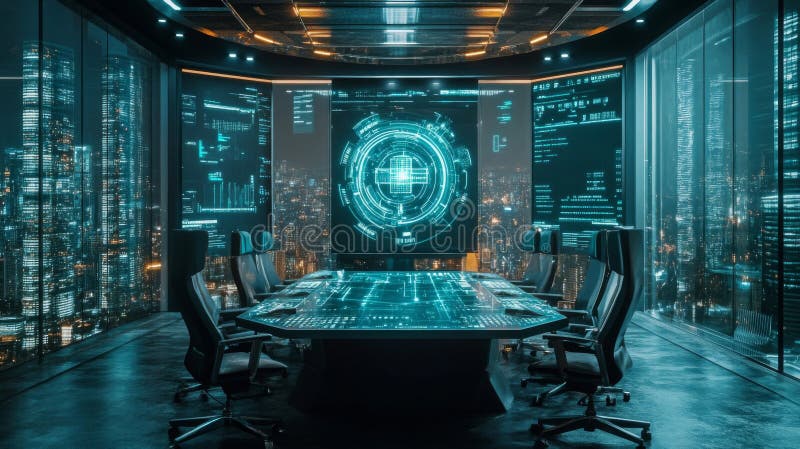 Futuristic Meeting Room with Digital Interface and City View at Night ...
