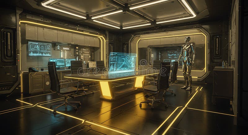 Futuristic Meeting Room with Holographic Table and Advanced Technology ...