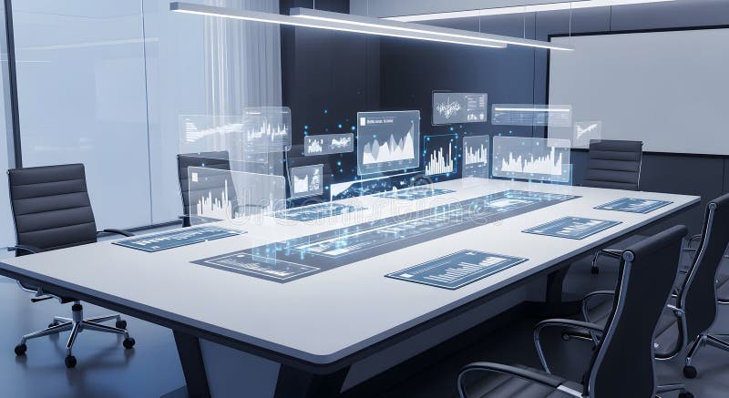 Futuristic Meeting Table Displays Data in Modern Tech Conference Room ...