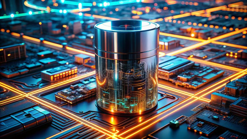 A Futuristic Metal Cylinder Soars Above a Vibrant, Tech-Driven ...