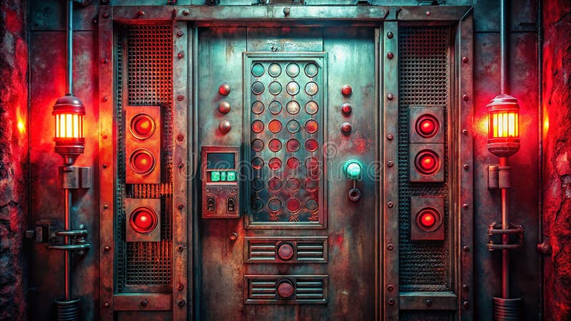 Futuristic Metal Door with Intricate Red Glow Patterns and Control ...