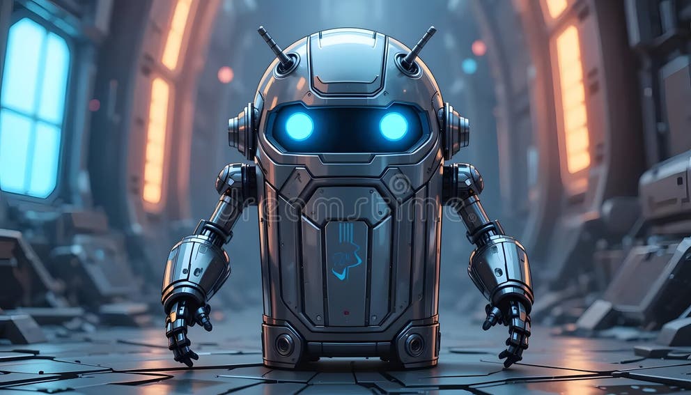 Futuristic Metal Robot in a Sci-Fi Corridor: a Digital 3D Render of a ...