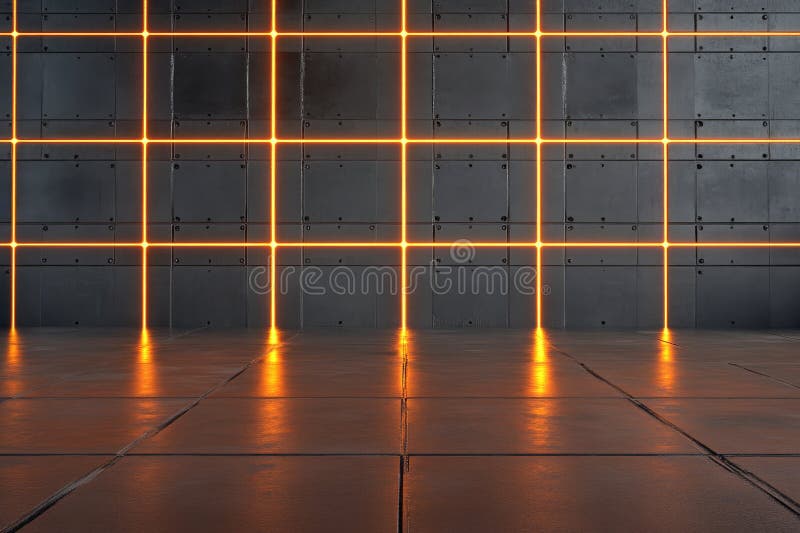 A Futuristic Metal Wall with a Grid of Glowing Orange Lines and ...