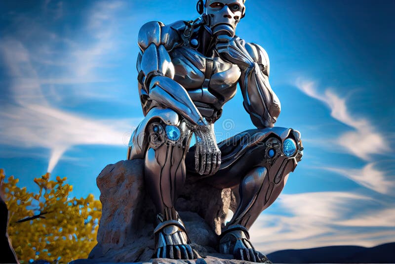 Futuristic Metallic Android Thinking Sitting on a Stone. AI Art ...