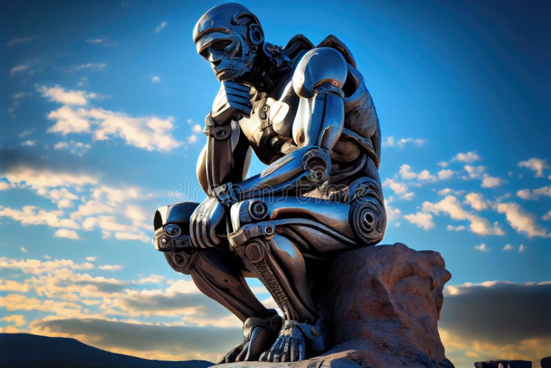 Futuristic Metallic Android Thinking Sitting on a Stone. Stock ...