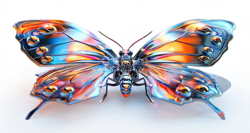Futuristic Metallic Butterfly with Iridescent Wings on White Background ...