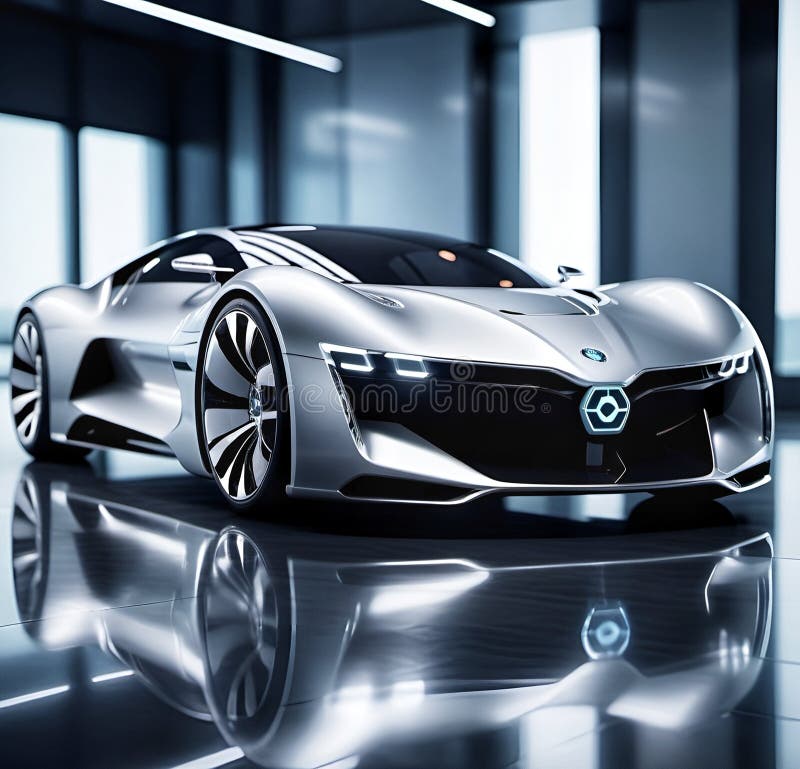 Futuristic Metallic Car in Showroom Stock Photo - Image of sport ...