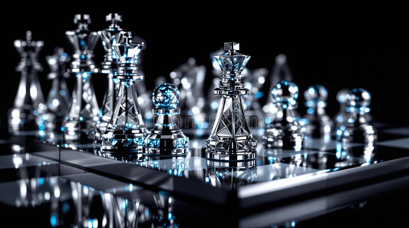 Futuristic Metallic Chess Set on Reflective Glass Board in Dramatic ...