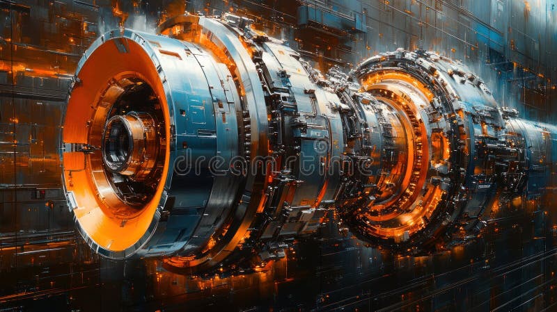 A Futuristic, Metallic, and Complex Engine with Glowing Orange Parts ...